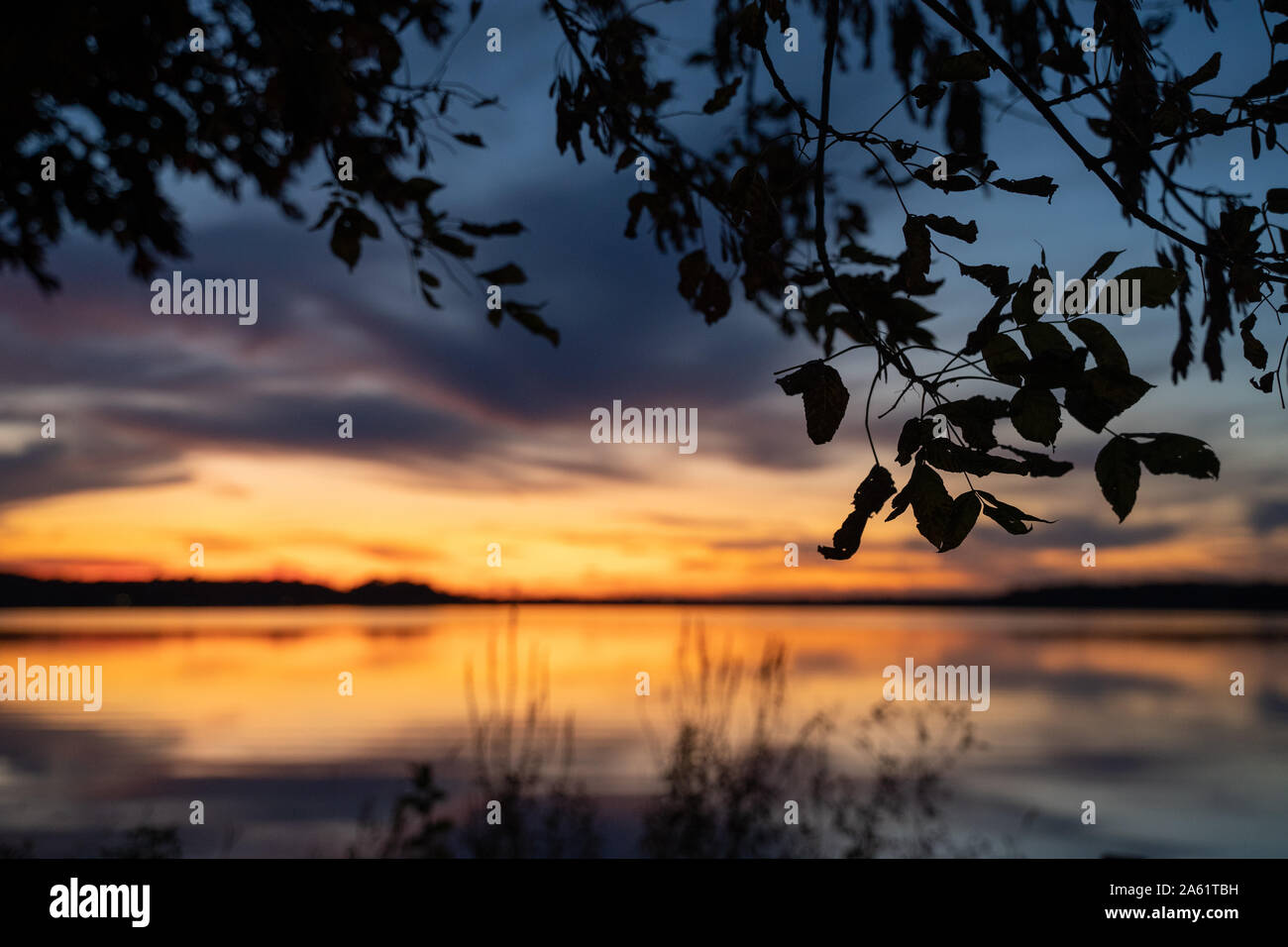 Beautiful fall sunset in bright colors, leaves framing the composition ...