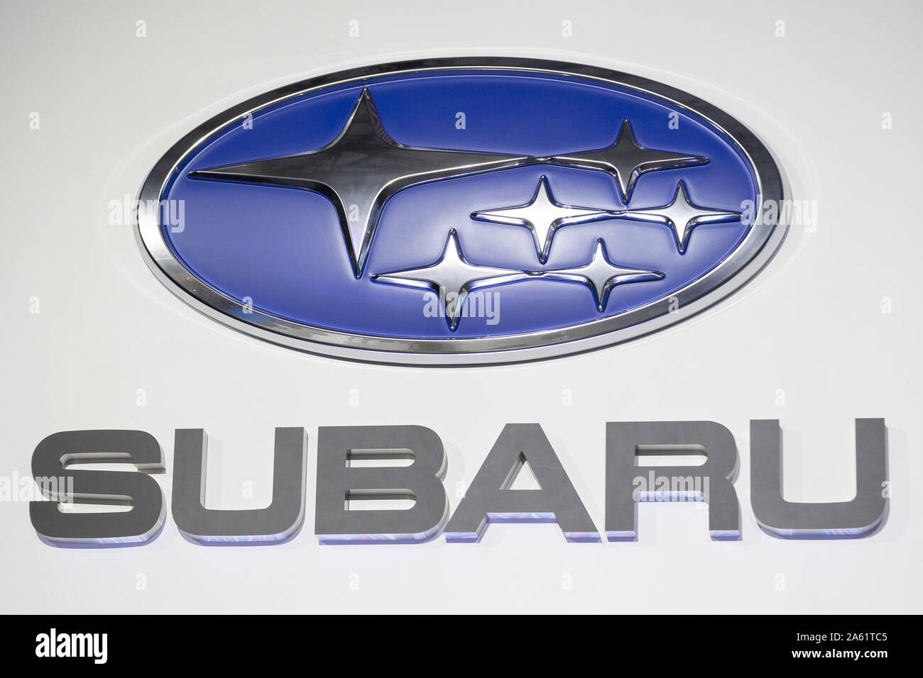 Tokyo, Japan. 23rd Oct, 2019. A logo of Subaru is seen during a press ...
