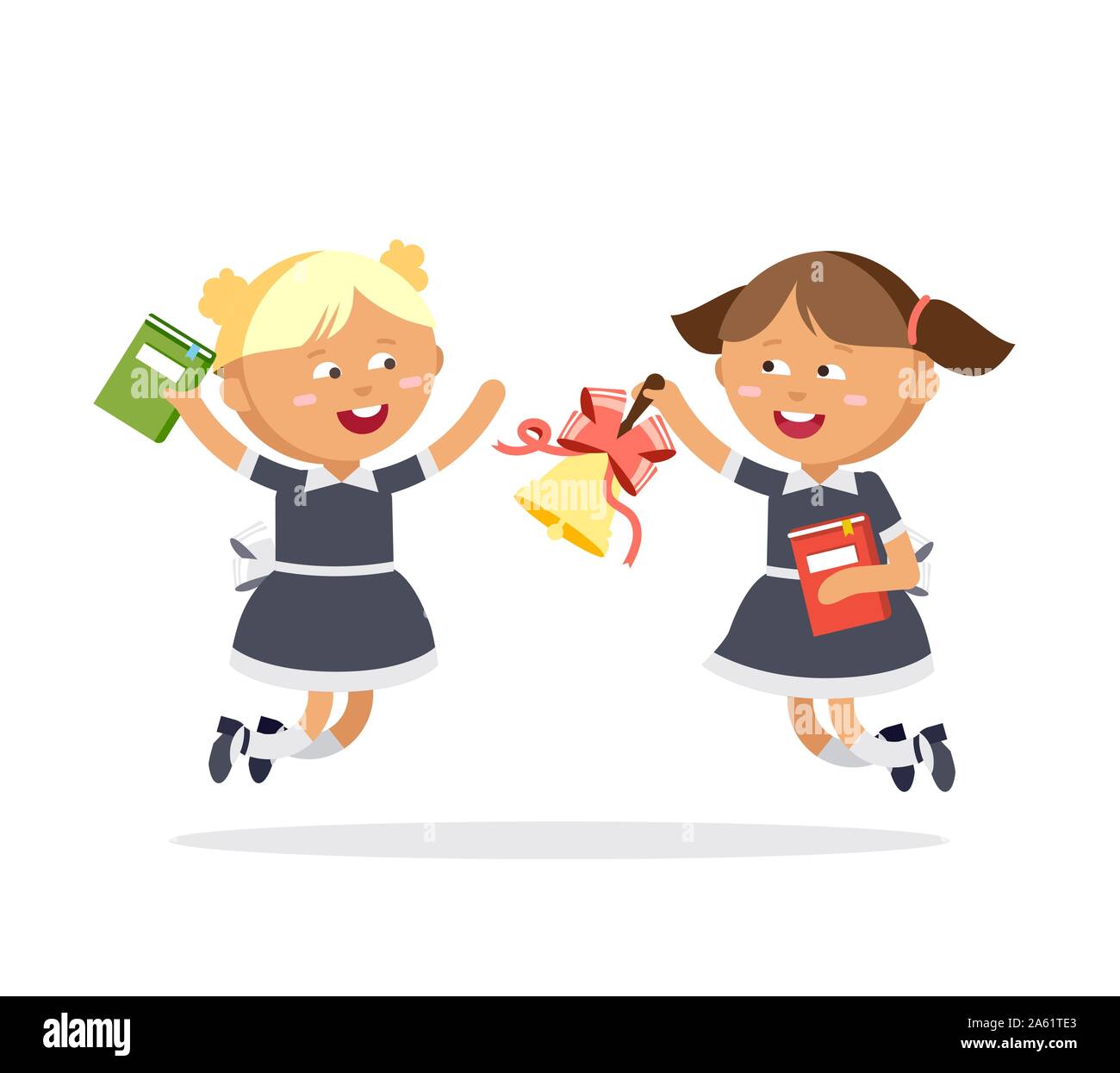 Elementary school pupils. A boy and a girl are jumping with books in ... Elementary school pupils. A boy and a girl are jumping with books in ...