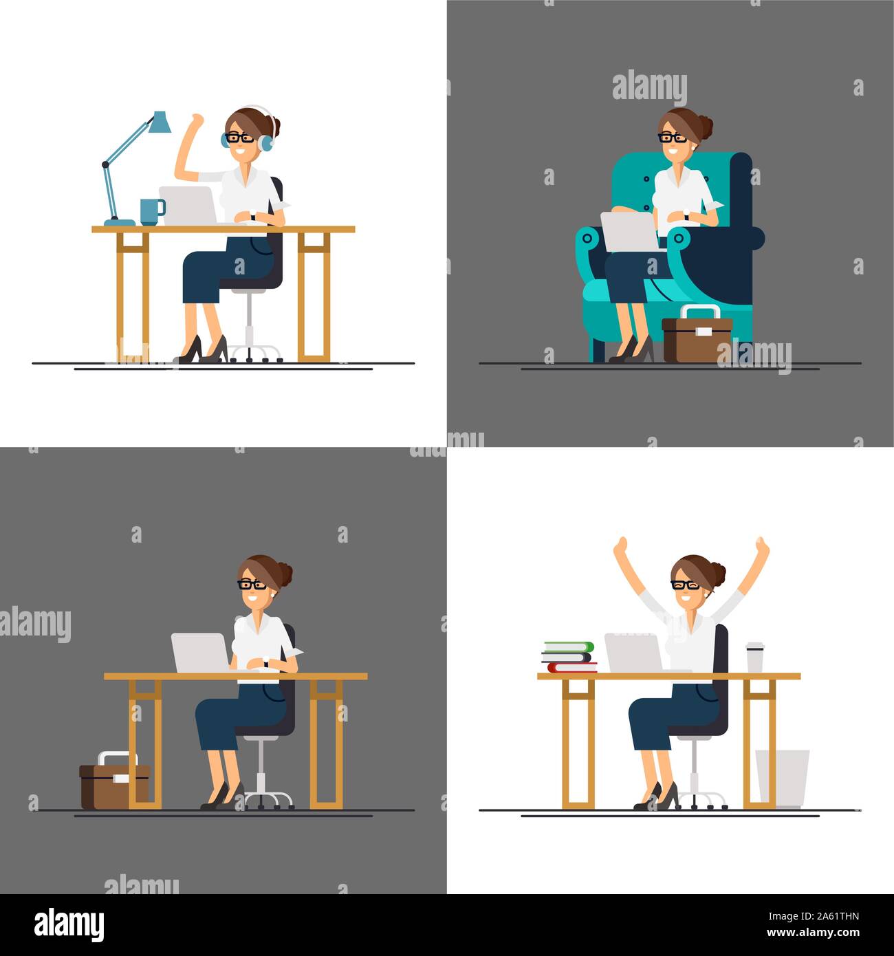 Set Of Cool Vector Flat Characters Design On Office Business Woman