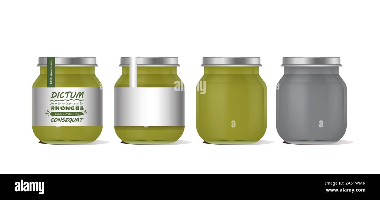 Vector illustration green jar for baby food realistic bank on white ...