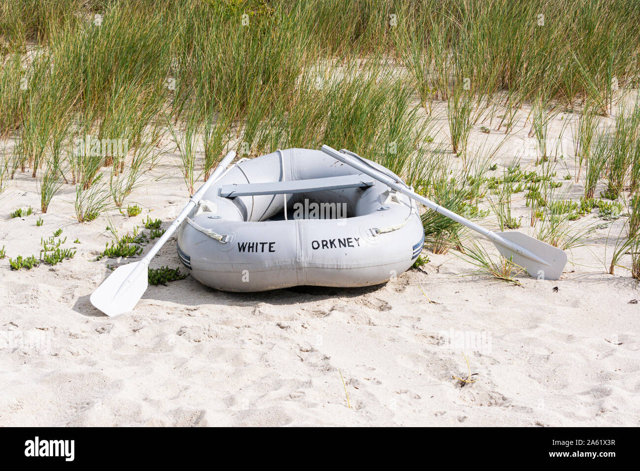 An inflatable dinghy with oars pulled up on a beach Stock Photo - Alamy