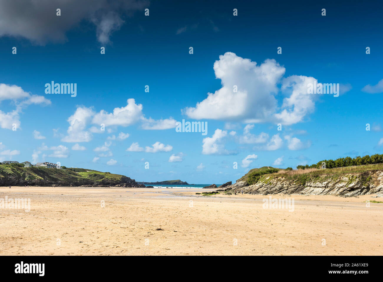 Late Summer sunny weather and a very low tide at Porth Beach in Newquay ...