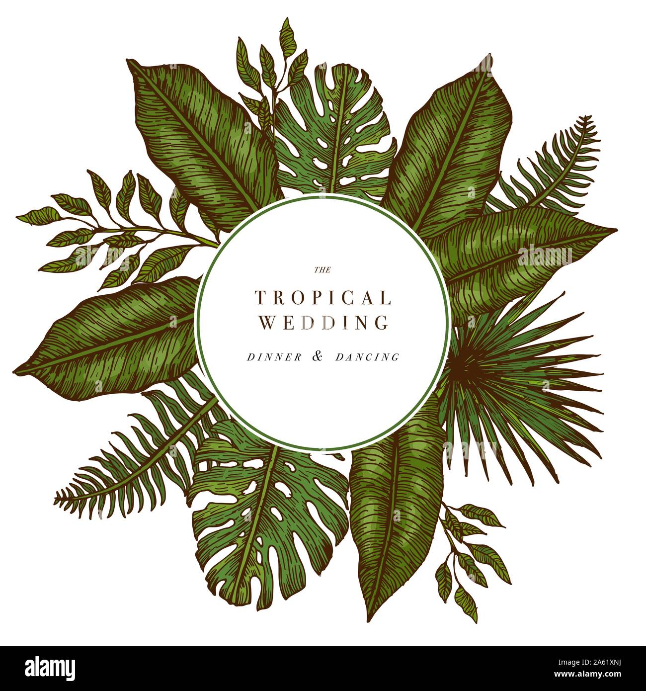 Tropical palm leaves. Jungle round wedding invitation. Design template ...