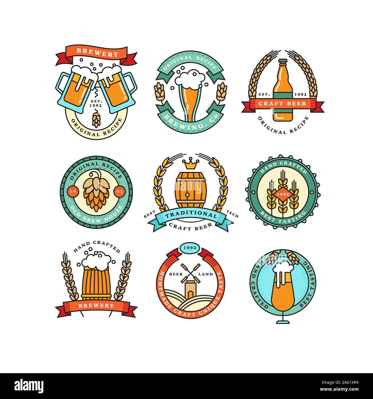 Set of linear brewery logos. Labels with bottles and hops. Vintage ...
