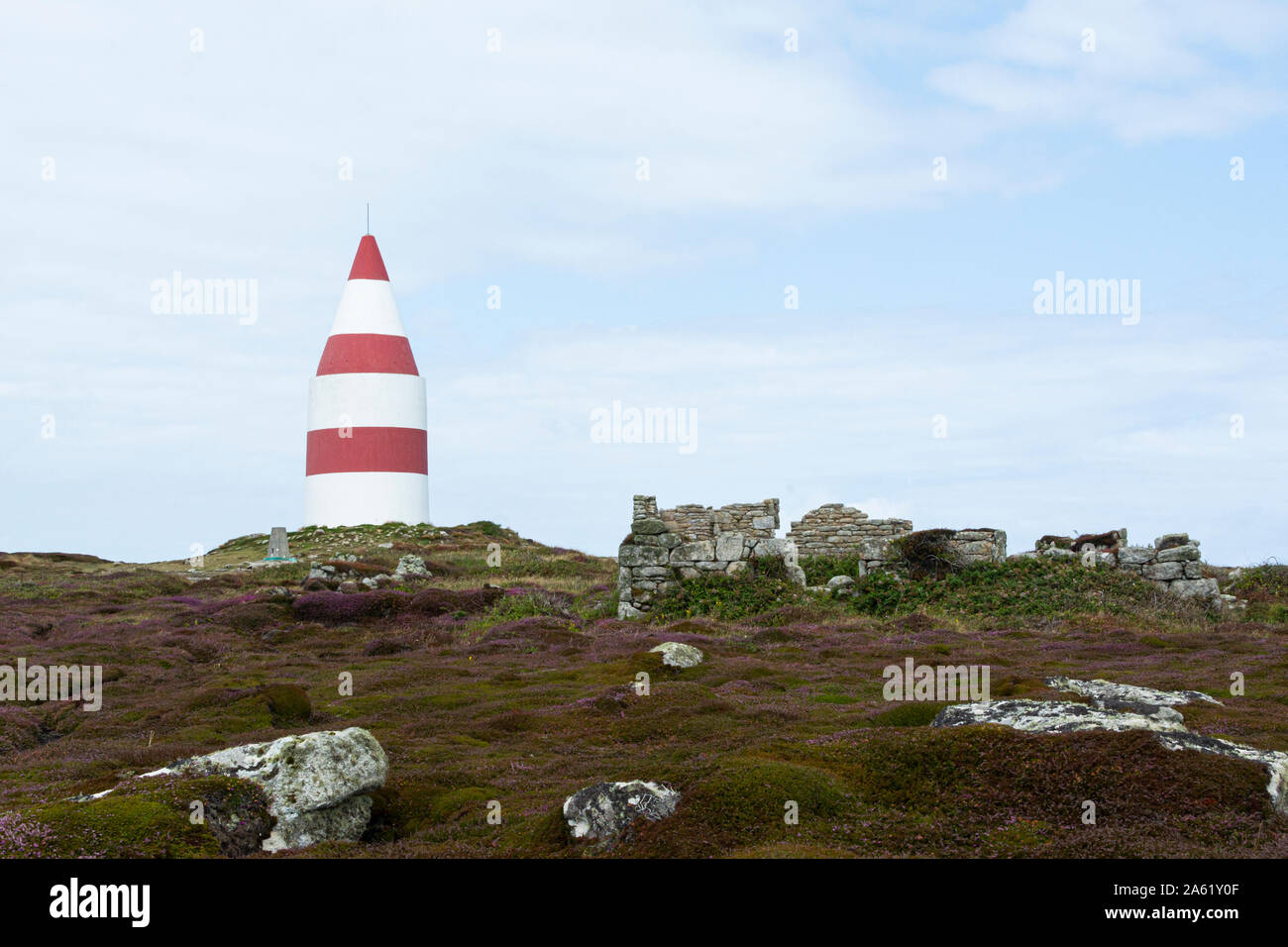The red and white striped daymark and the remains of the Napoleonic era ...