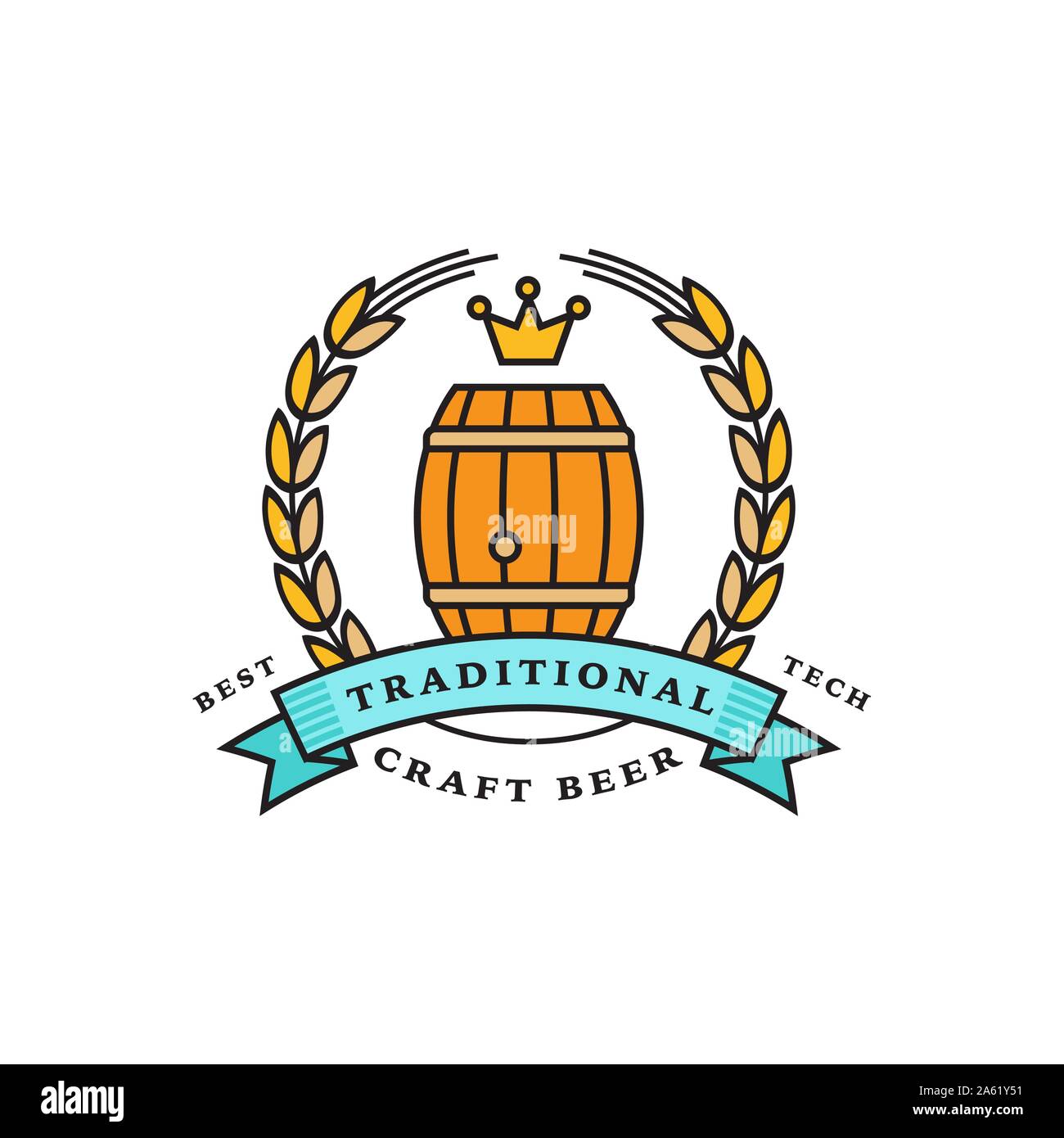 Linear colorful brewery logo. Label with barrel and hops. Vintage craft ...