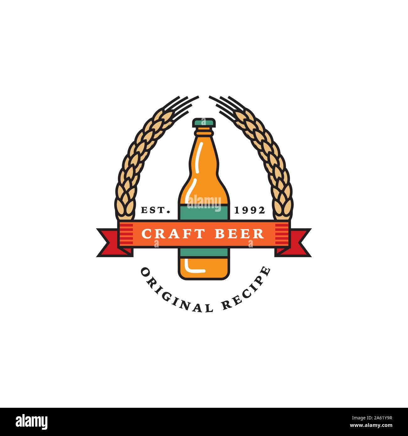 Linear golden brewery logos. Labels with bottles and hops. Vintage ...