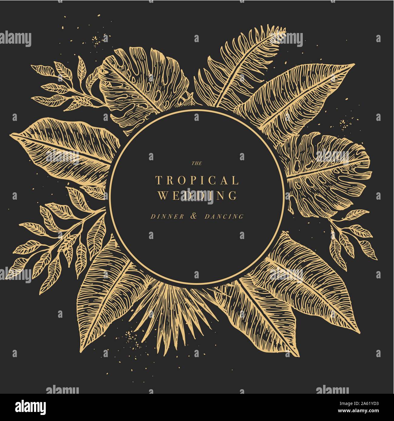 Golden tropical palm leaves. Jungle round wedding invitation. Design ...