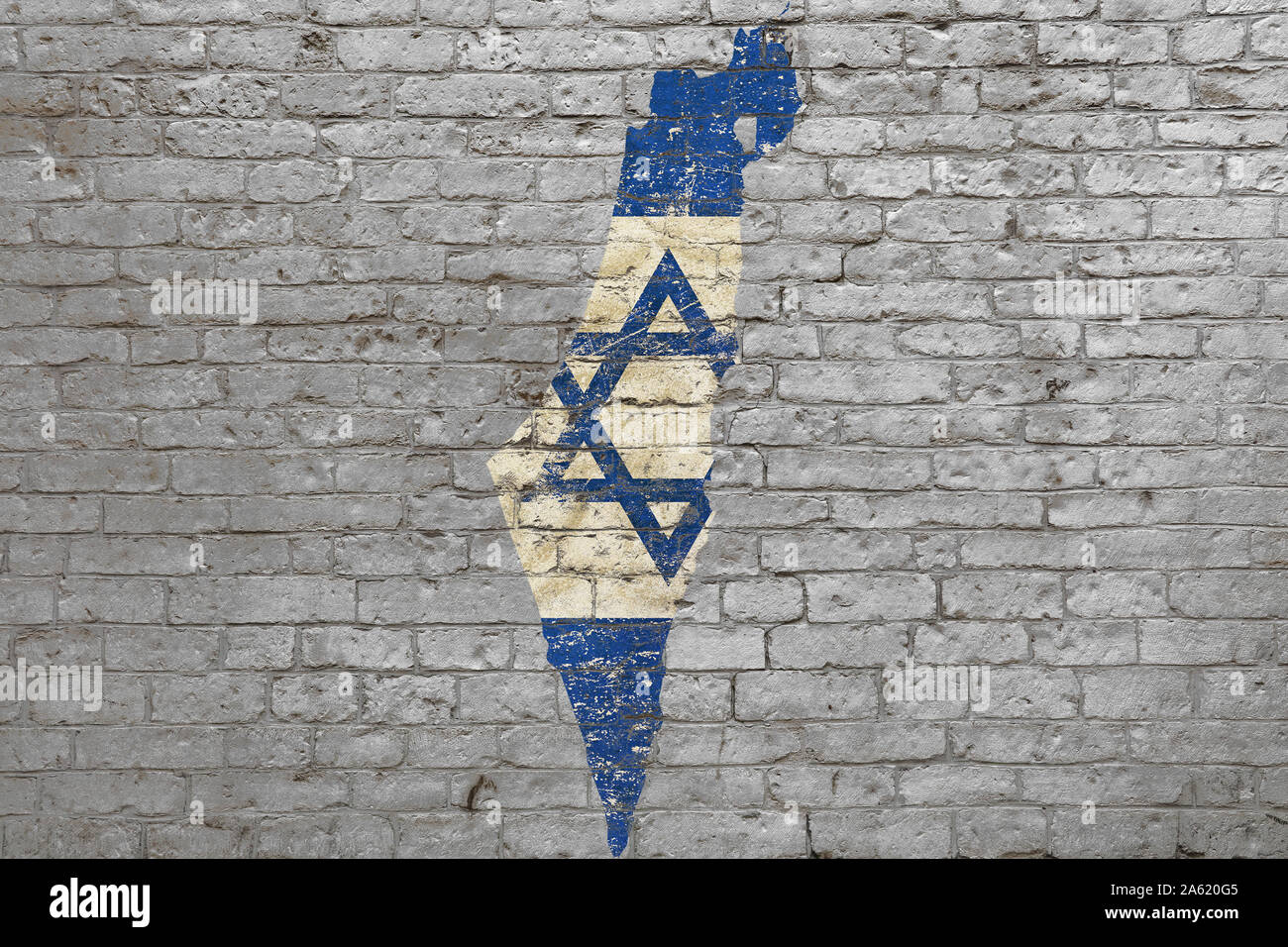 Grunge distressed map shaped flag of Israel painted on old weathered ...