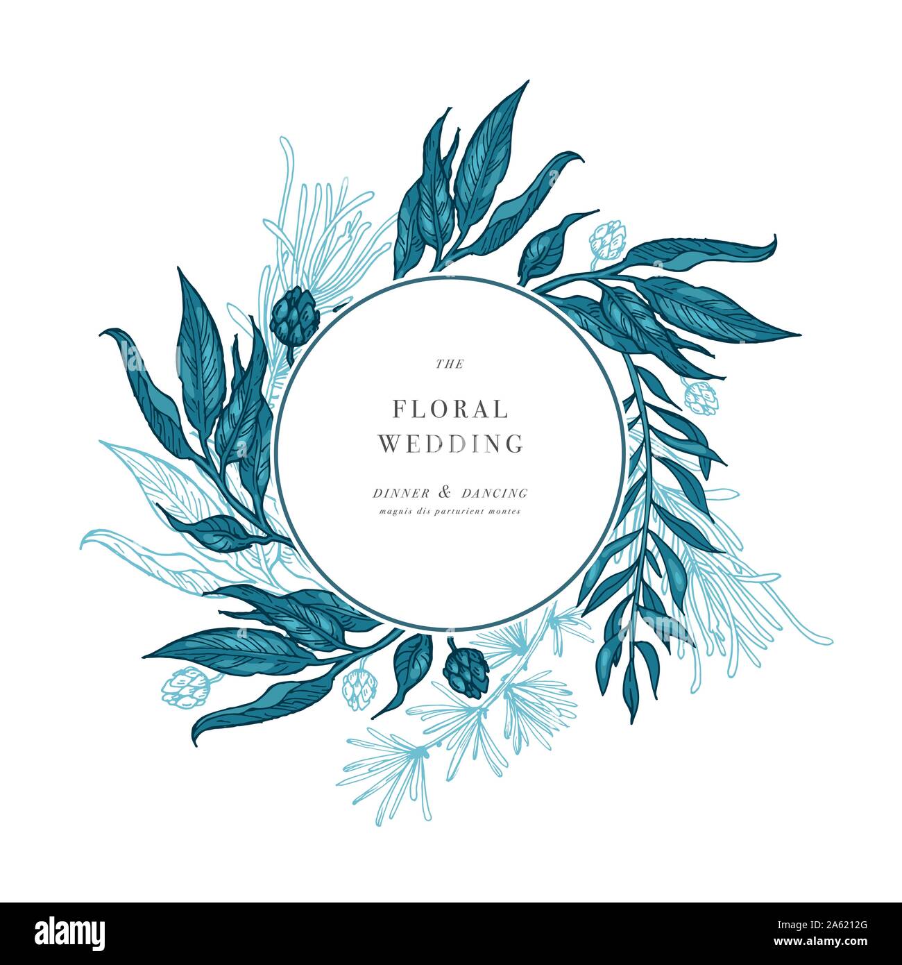 Conifers branch. Botanical round wedding invitation. Design template ...