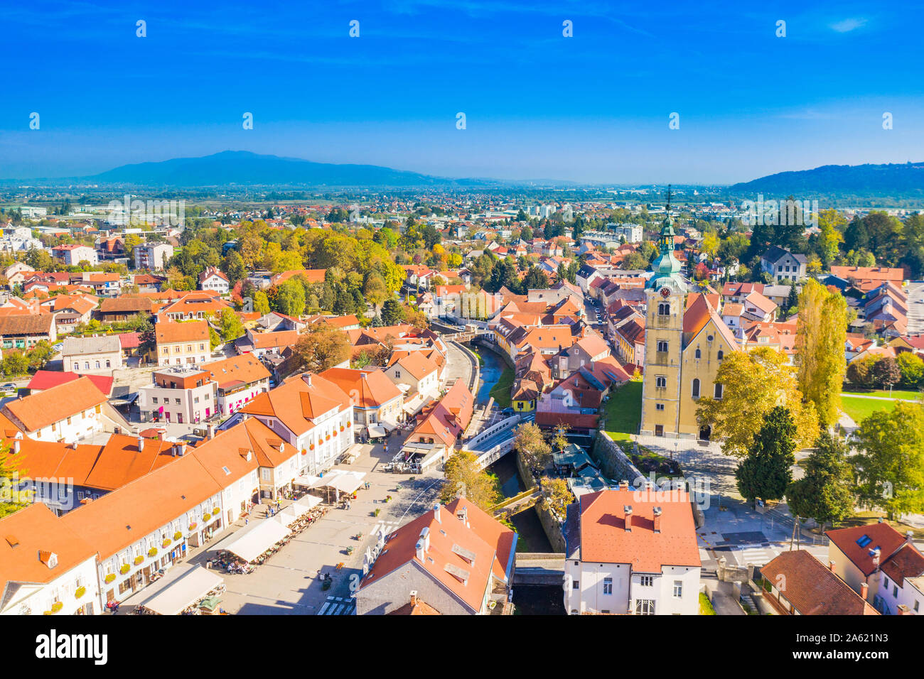 Croatia, town of Samobor, autumn in city, main square and church tower ...