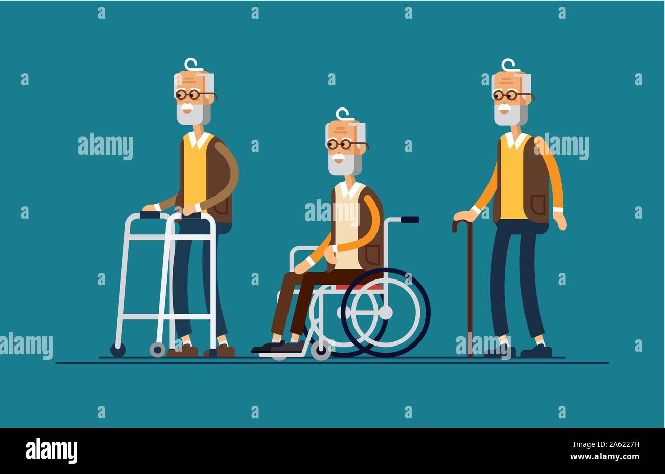 Set of elderly persons. Grandfather in a wheelchair and with walking ...