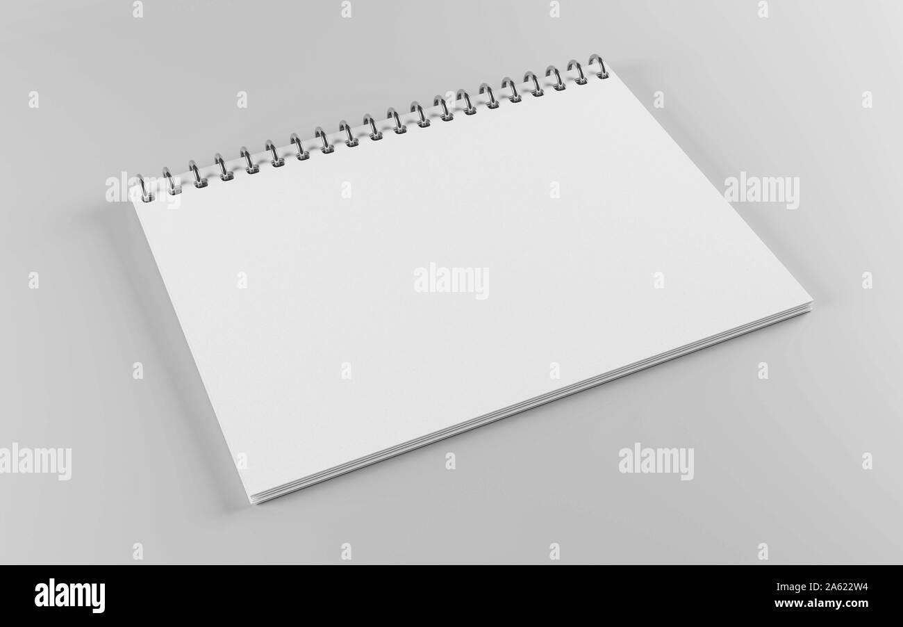 empty horizontal white paper spiral notebook 3d render illustration ...