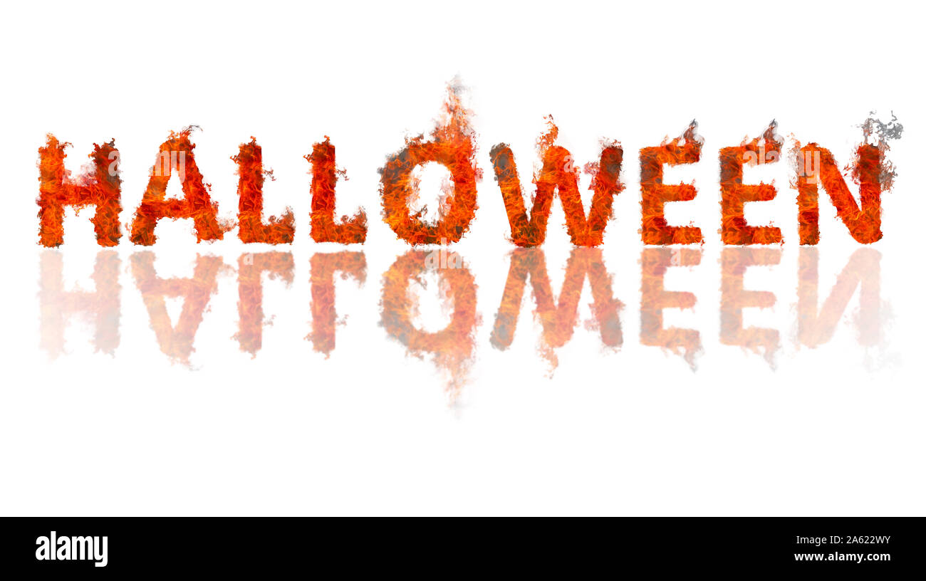 burning word halloween on a white background with reflection Stock ...