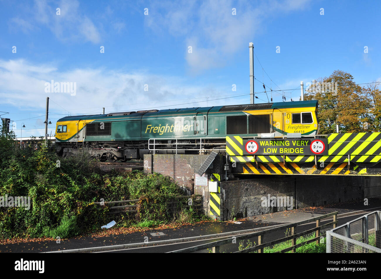 Freightliner class 66 hauls a freight over the notorious low bridge at ...
