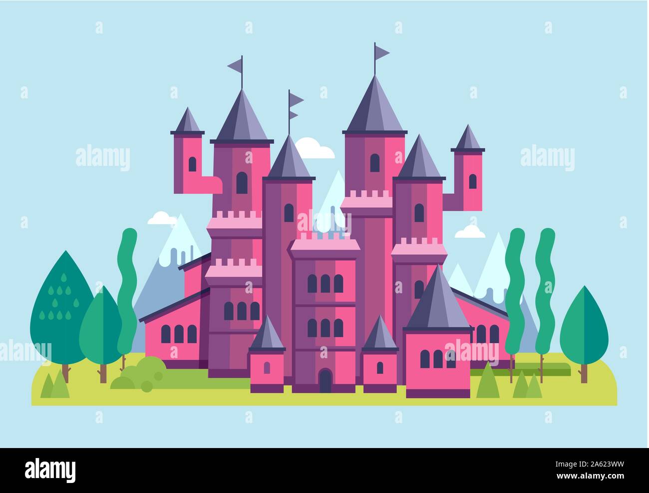 Vector illustration of a cute pink castle. Fairy illustration for ...