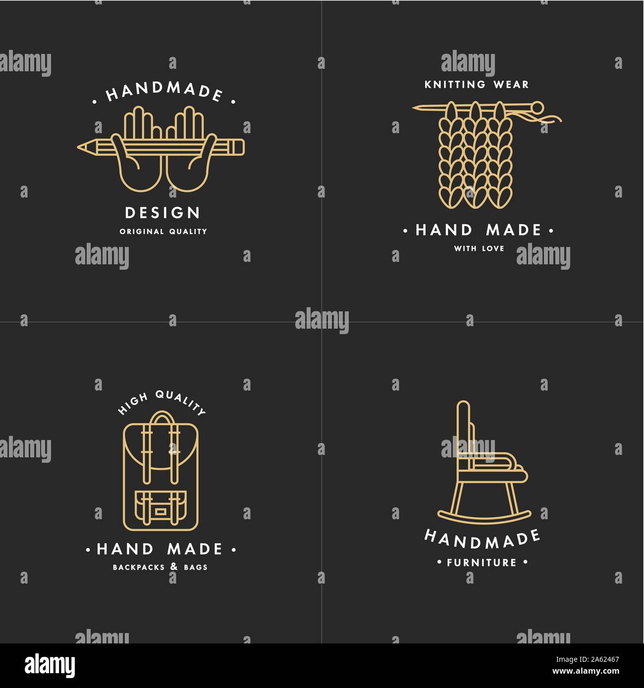 Handmade golden line logos set. Handmade linear badges or handmade ...