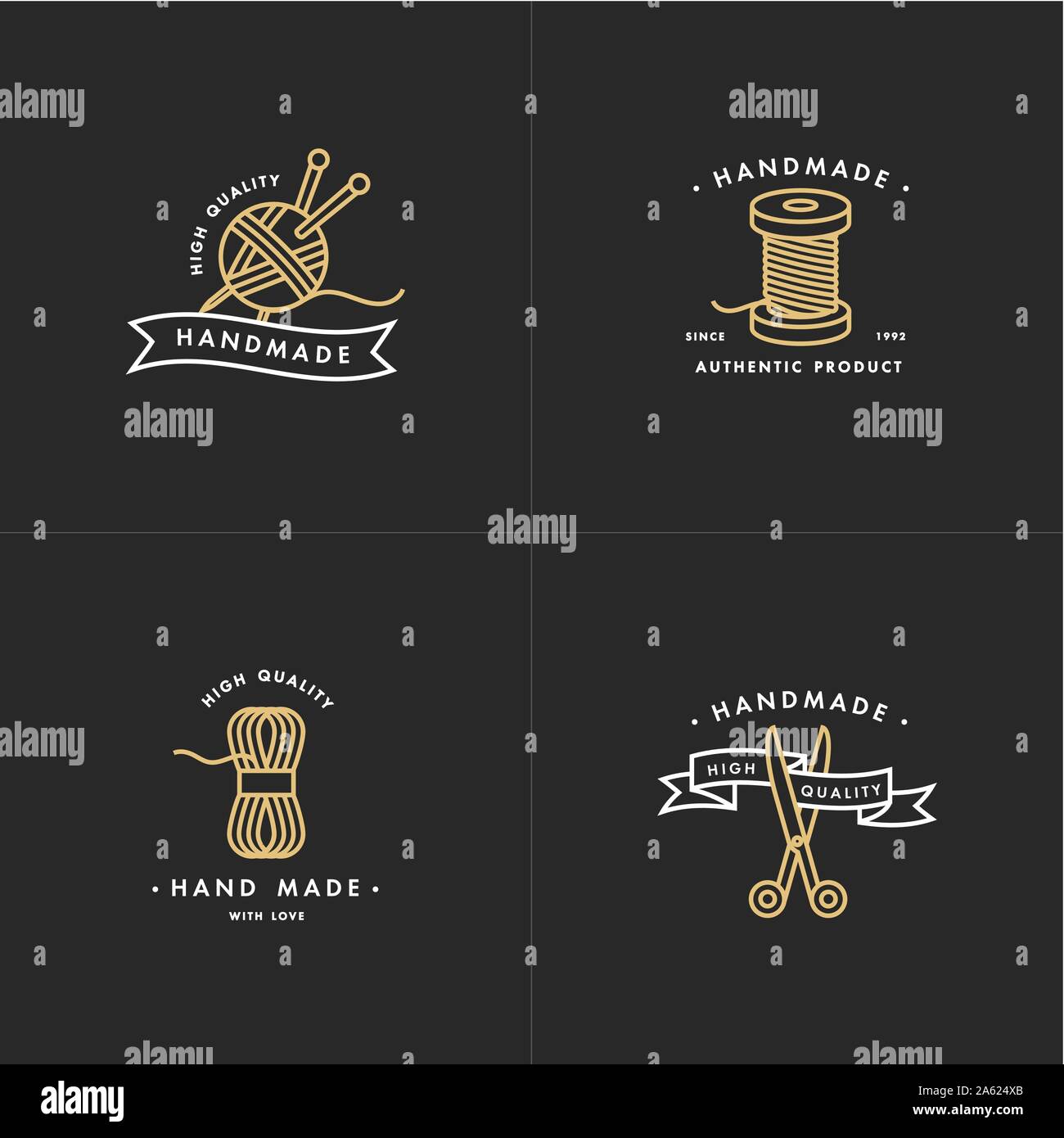 Handmade golden line logos set. Handmade linear badges or handmade ...