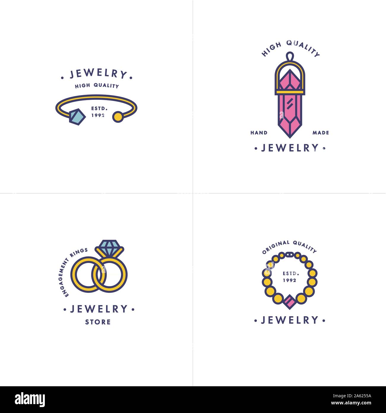 Vector set of logos with necklace and gem stone, wedding rings and ...
