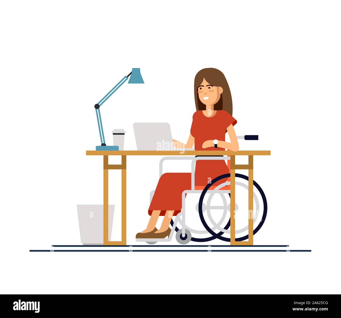 Disabled young woman in wheelchair working with computer in office ...