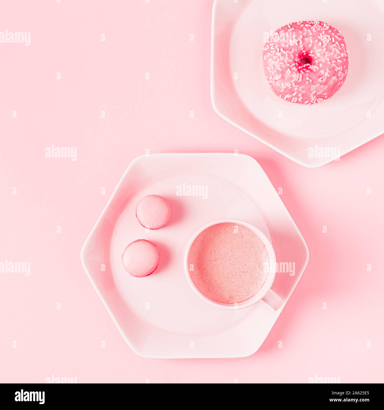 Breakfast with coffee on a pastel pink background. Flat lay, top view ...