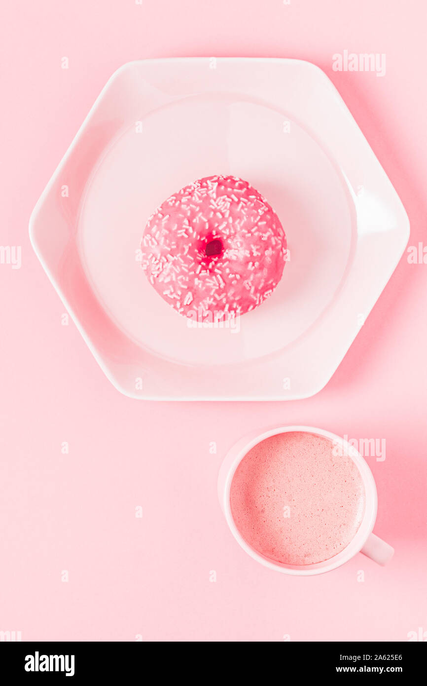 Breakfast with coffee on a pastel pink background. Flat lay, top view ...
