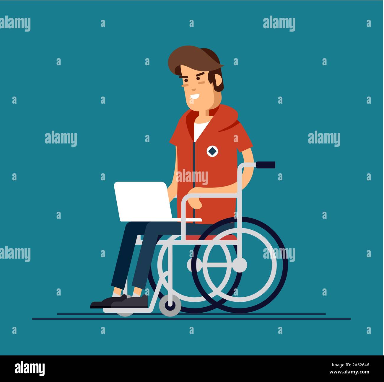 Disabled young man in wheelchair working with computer. Productive ...