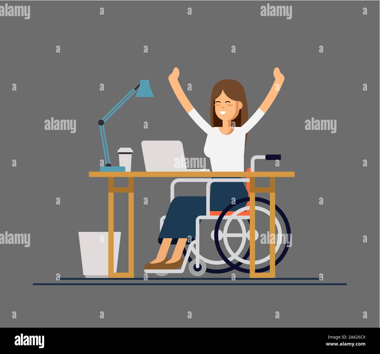 Disabled young woman in wheelchair working with computer in office ...