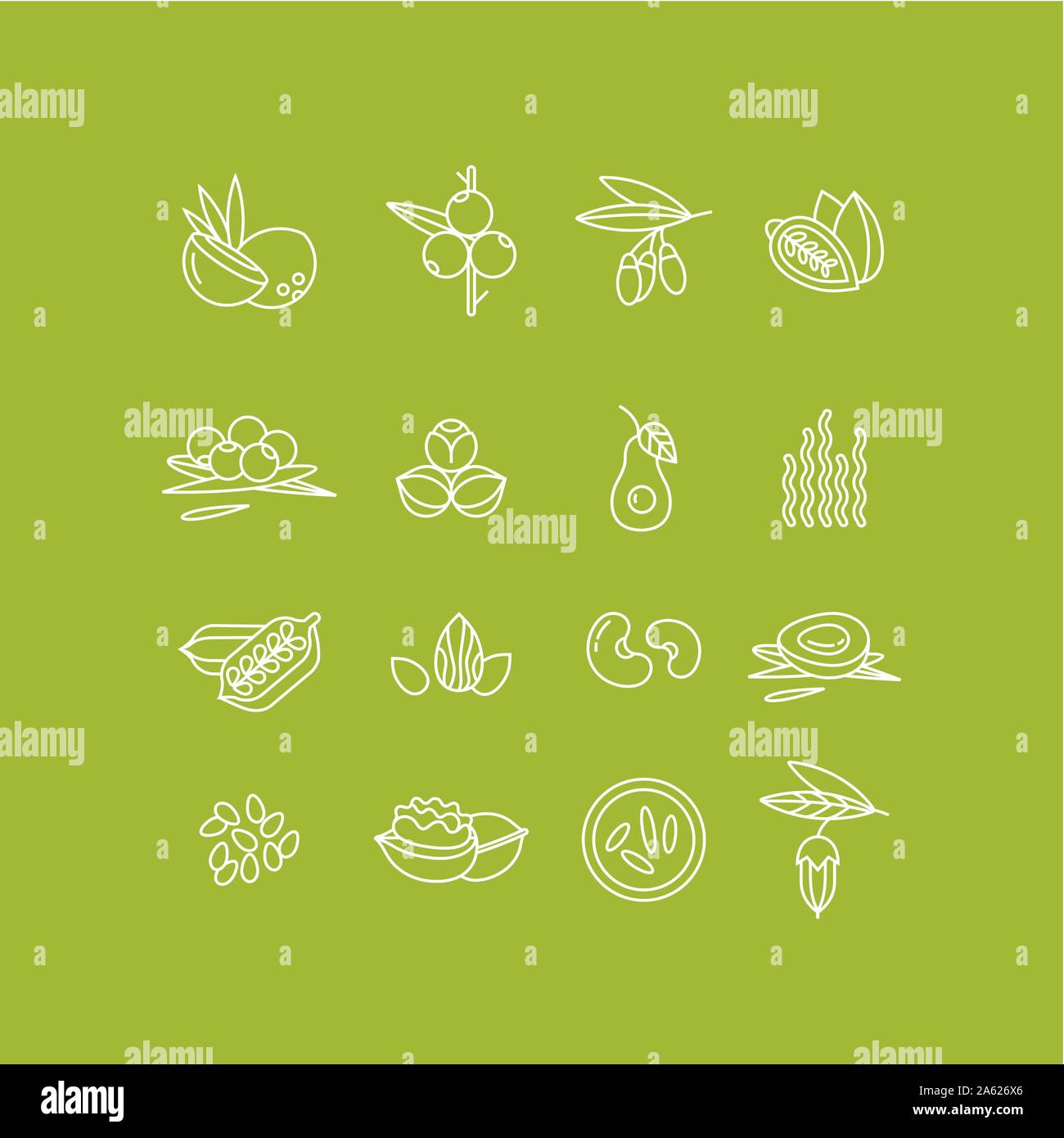 Superfoods line vector icons. Berries,nuts, vegetables fruits and seeds ...