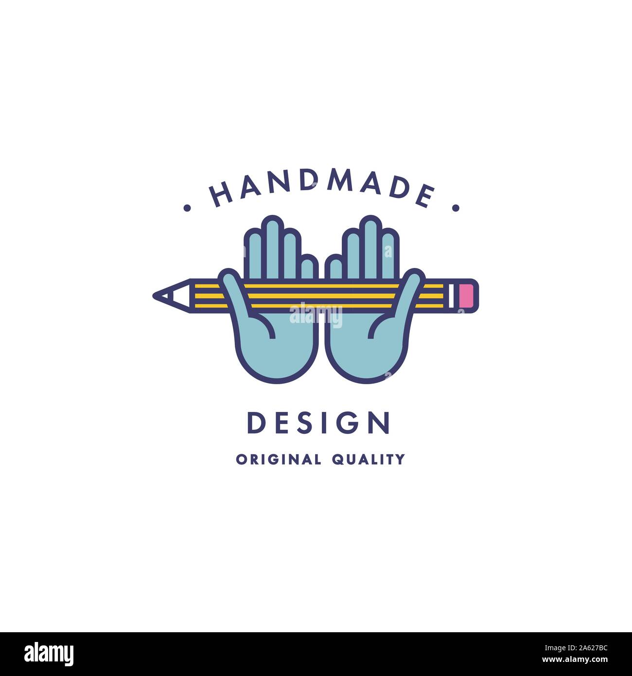 Vector hand made label in outline trendy style - hands with pencil icon ...