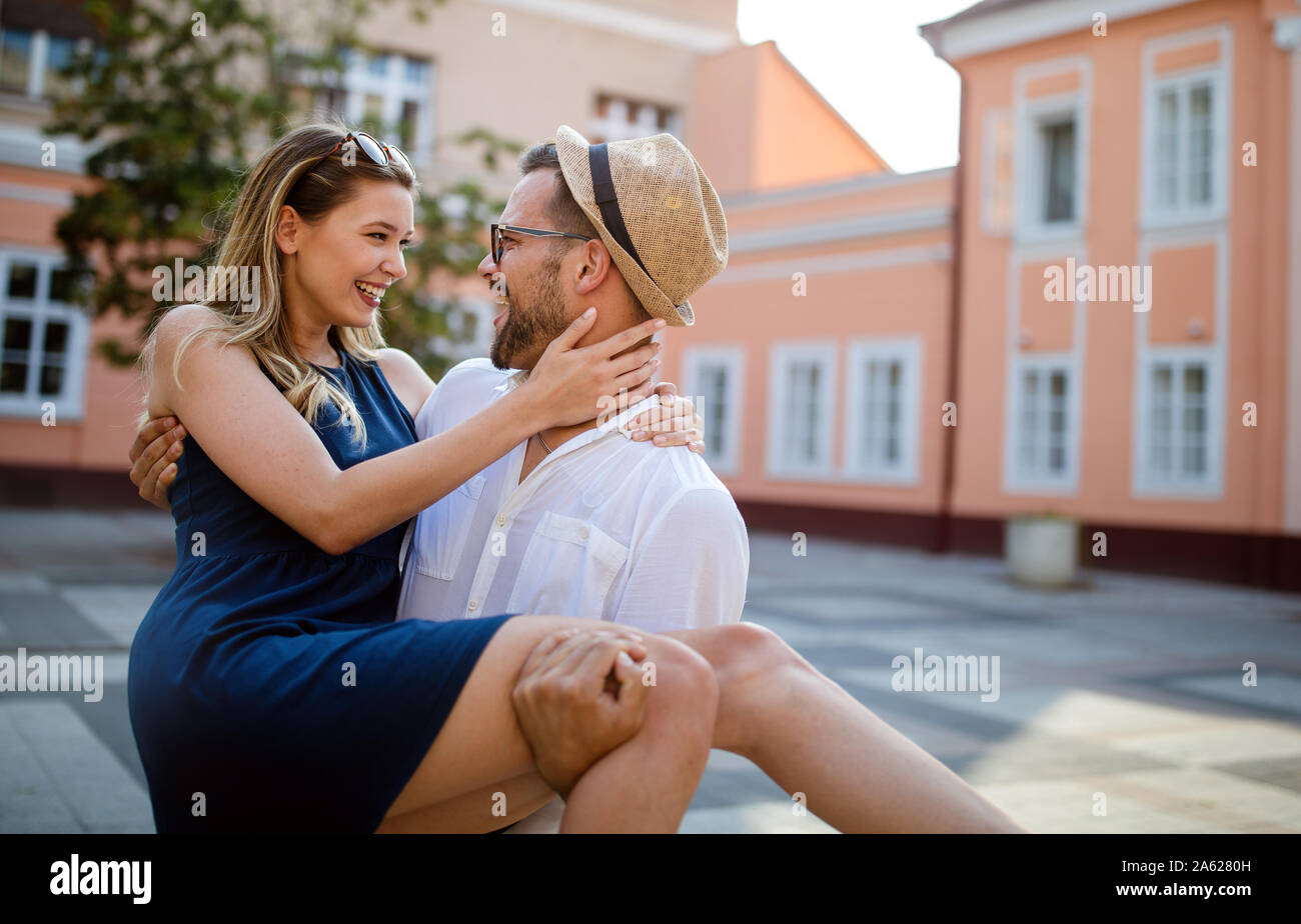 Happy romantic couple in love having fun outdoor in summer day Stock ...