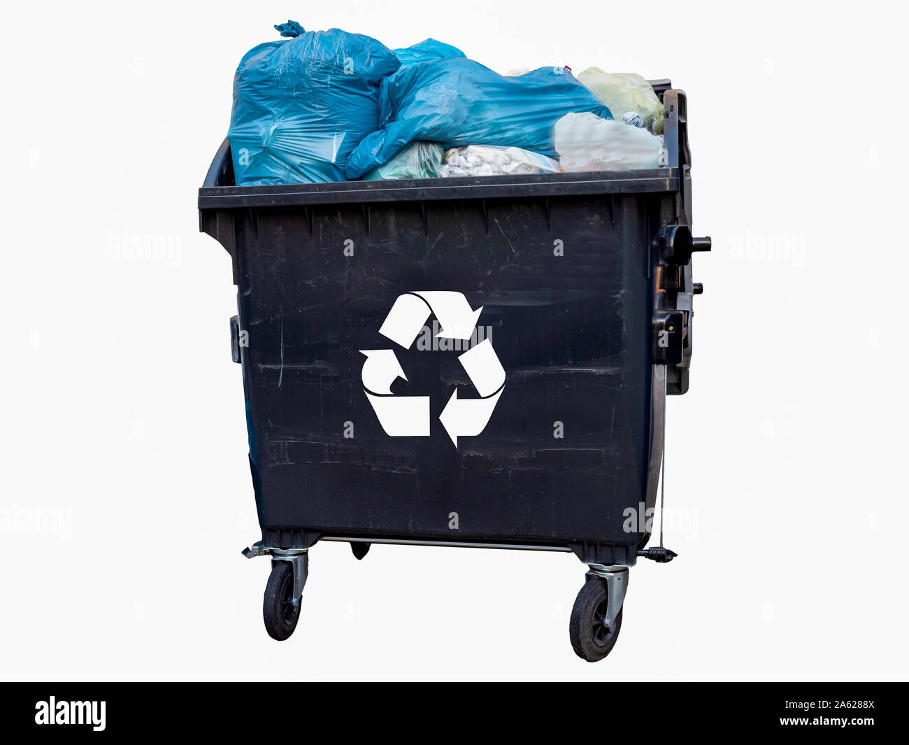 full garbage bin with garbage bags isolated white background Stock ...