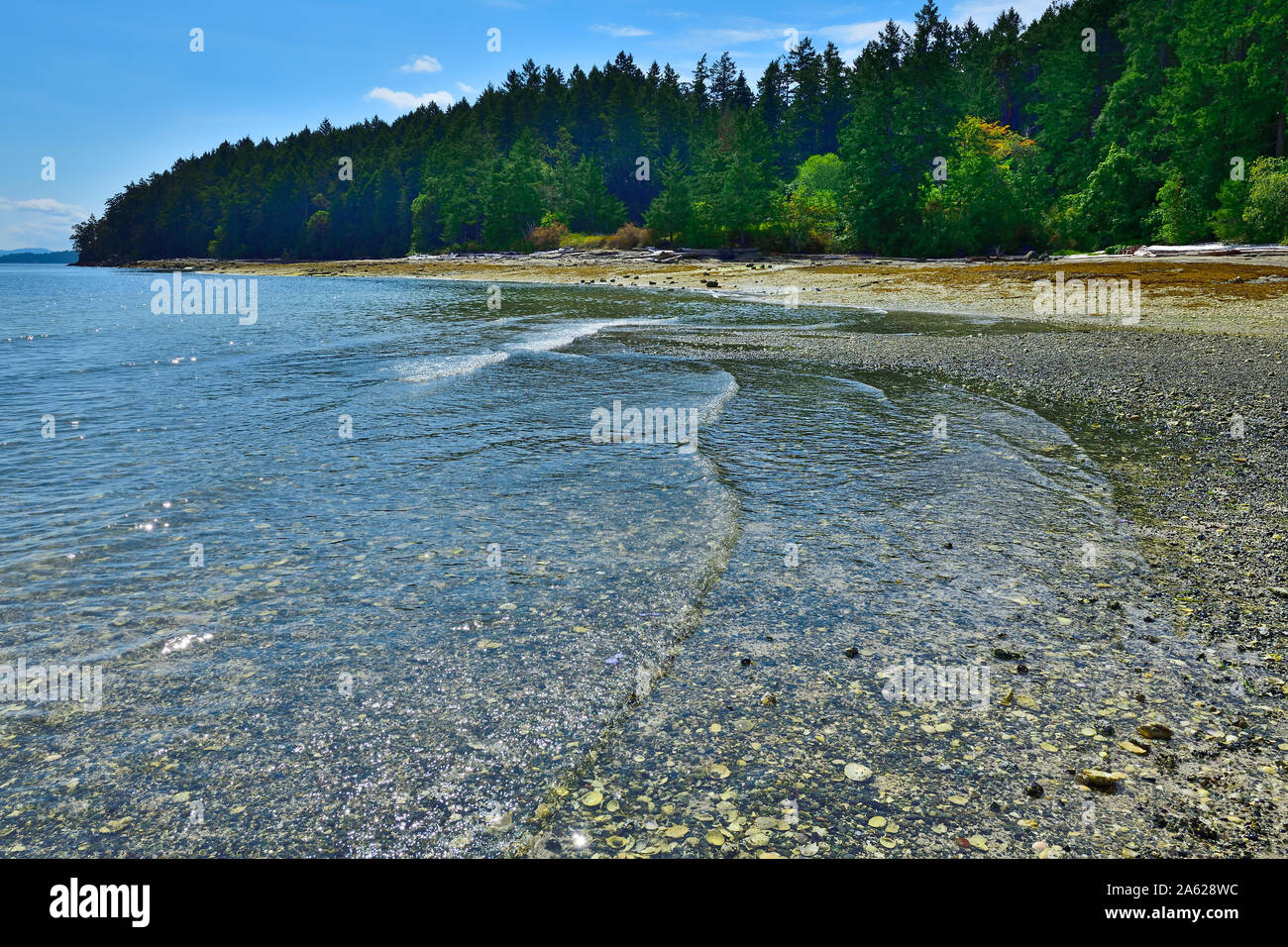 A landscape image of a secluded rocky beach with incoming tide on the ...