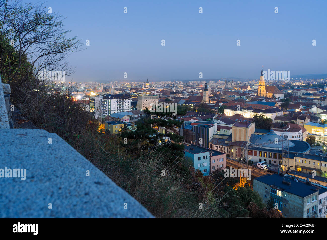 Elevated view Cluj-Napoca city at Night. Cluj-Napoca, a city in ...