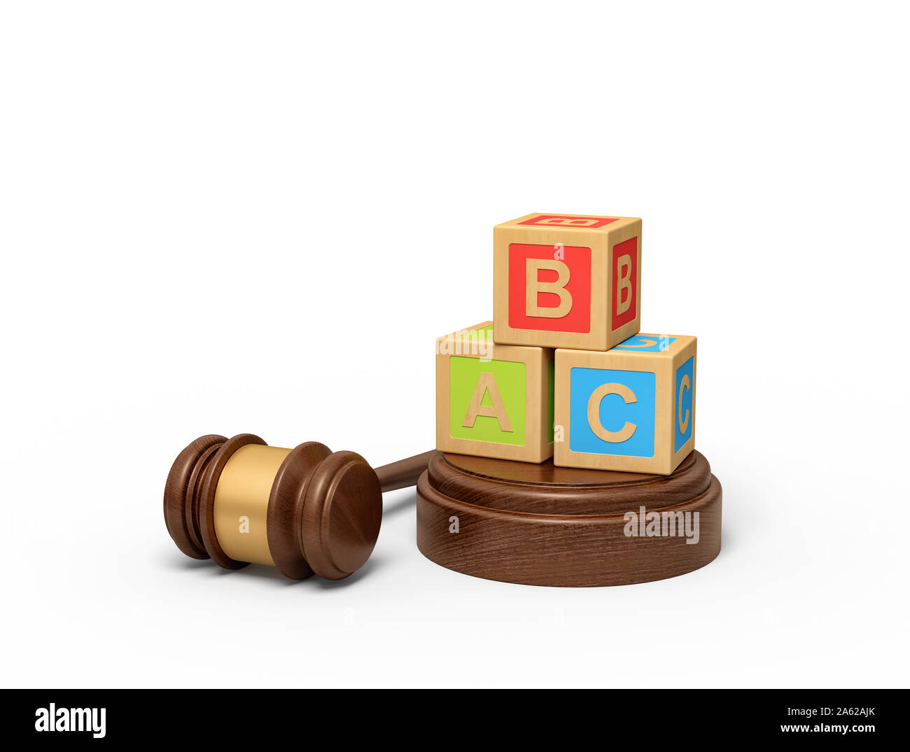 3d rendering of colorful alphabet toy blocks on round wooden block and ...