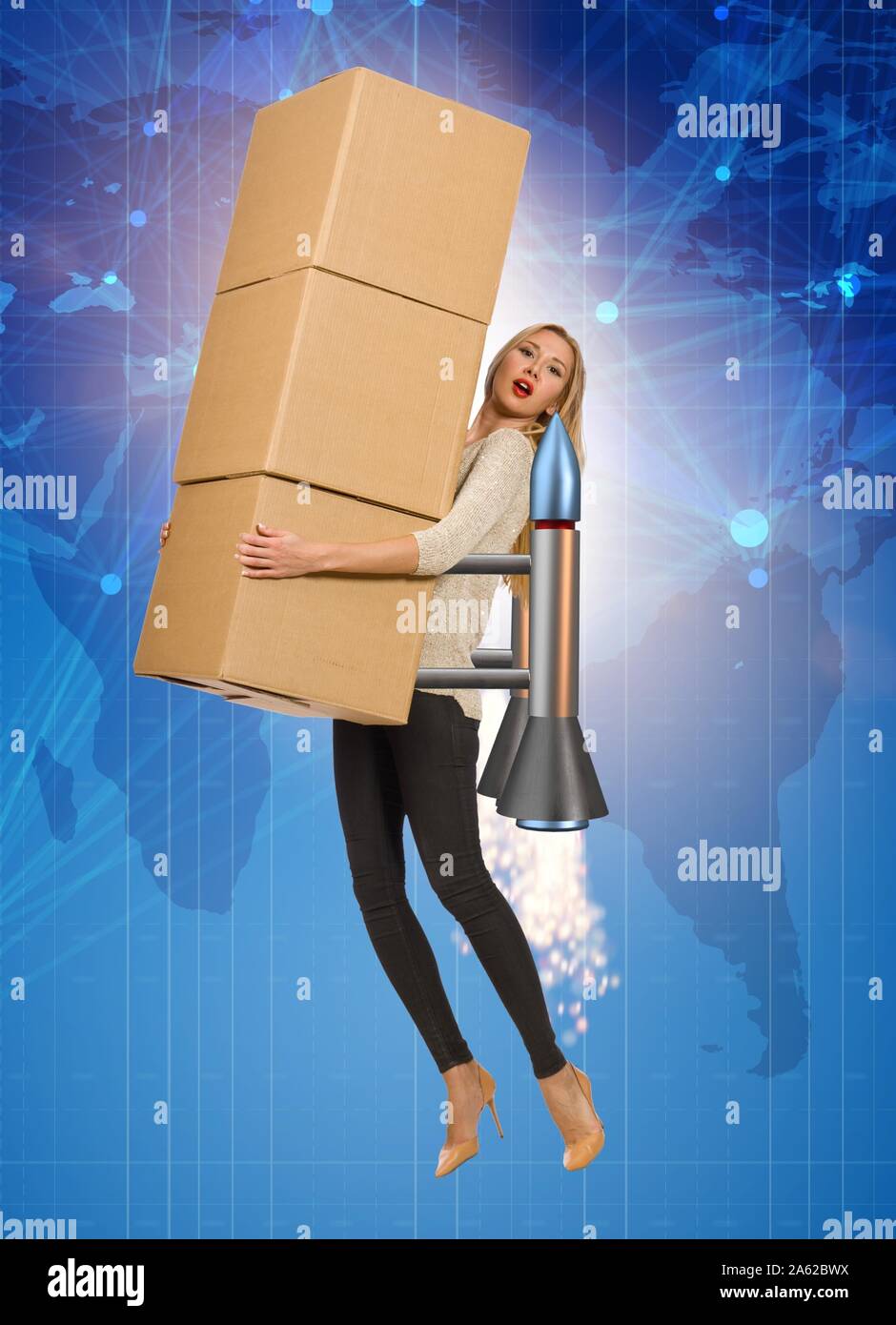 The woman flying jetpack and delivering boxes globally Stock Photo - Alamy