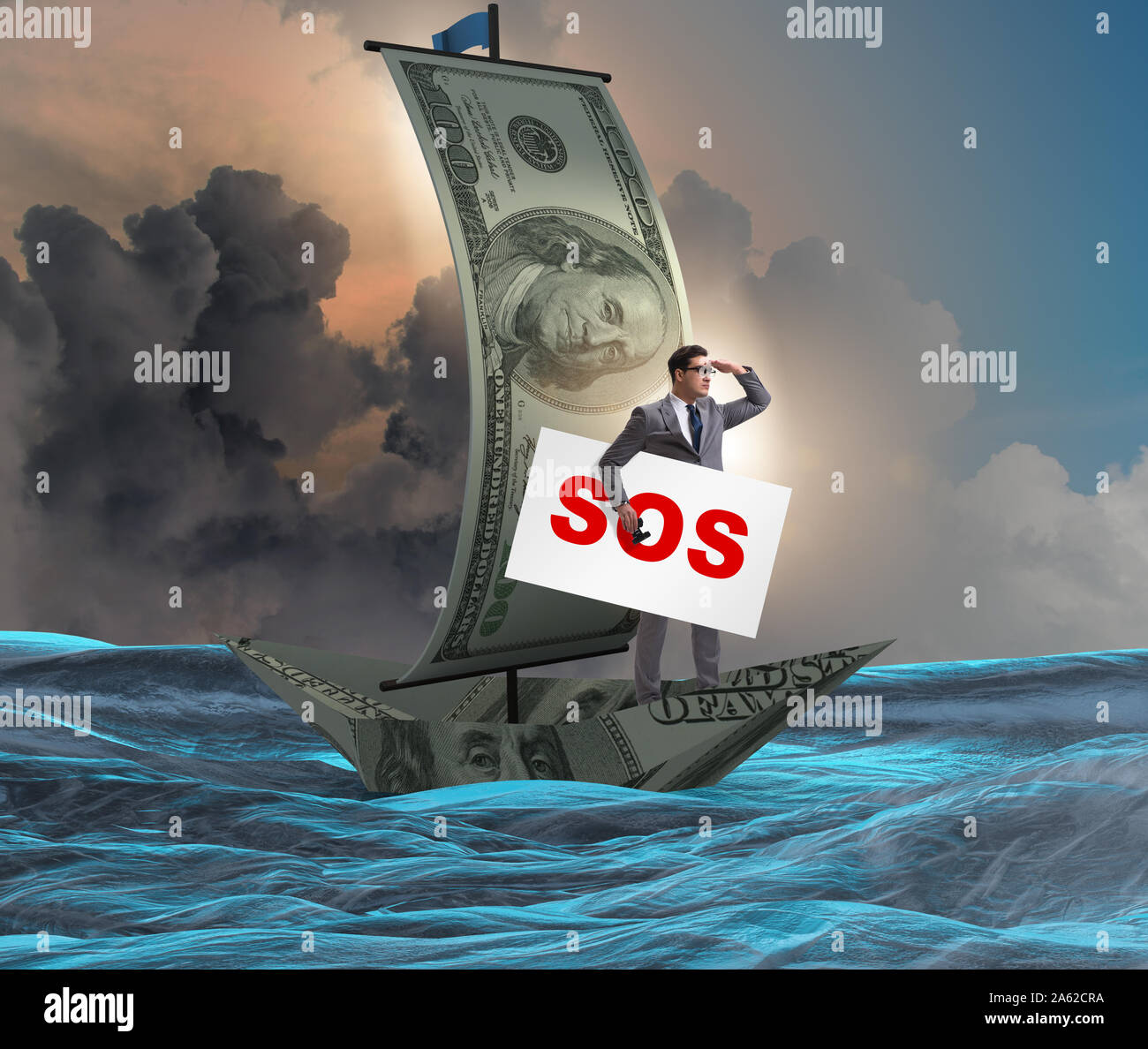 The businessman asking for help with sos message on boat Stock Photo ...