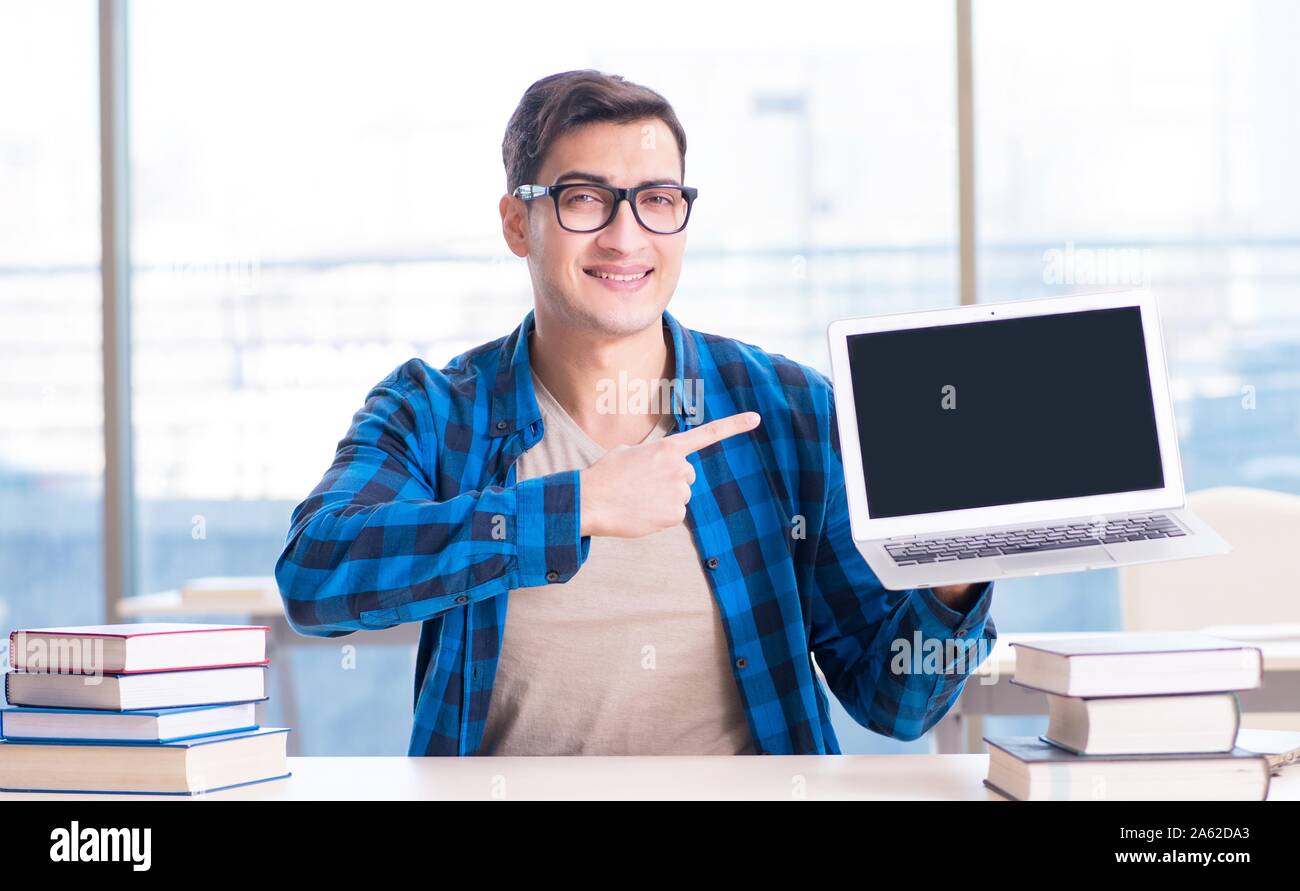Student in telelearning distance learning concept reading in library ...
