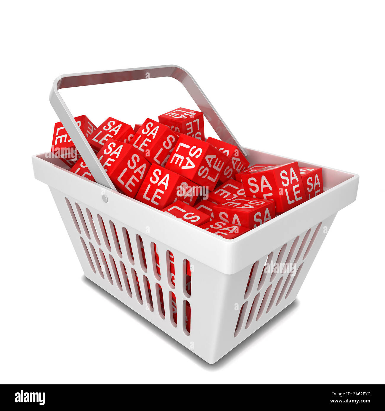 Shopping basket with sale discount boxes. 3d illustration isolated on ...