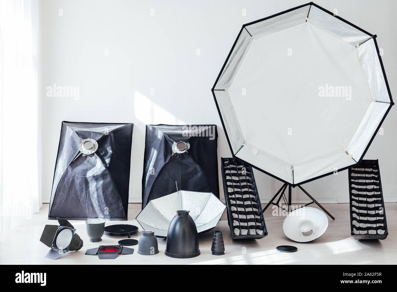 Equipment white photo studio flash accessories photographer Stock Photo ...