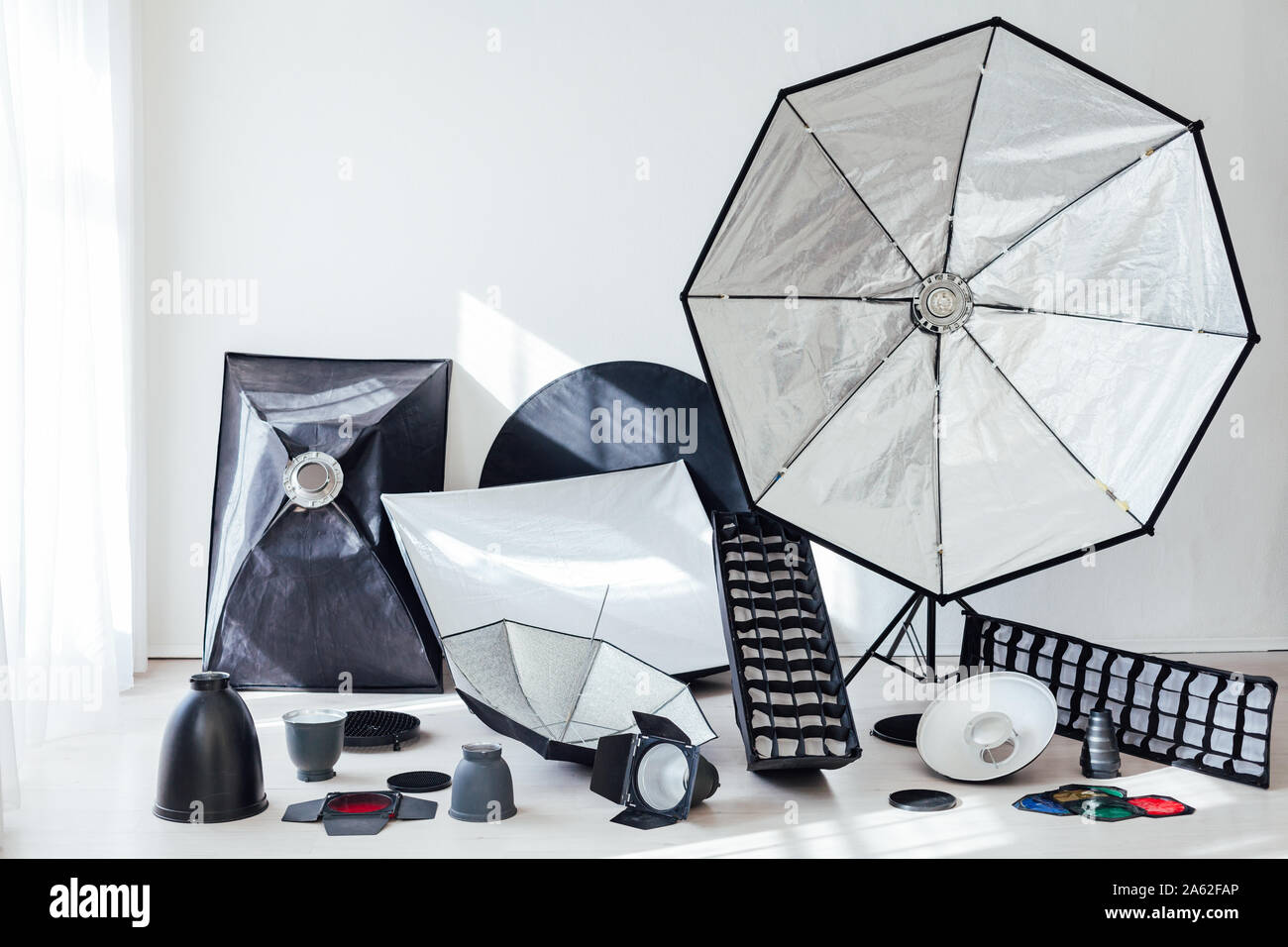 Equipment white photo studio flash accessories photographer Stock Photo ...