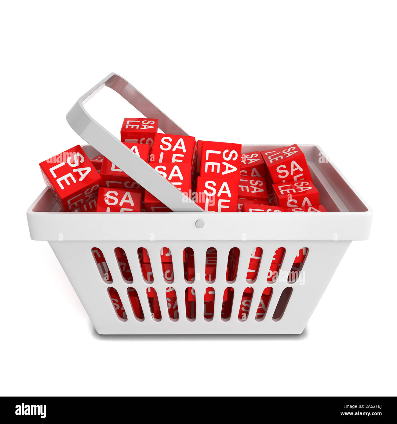 Shopping basket with sale discount boxes. 3d illustration isolated on ...