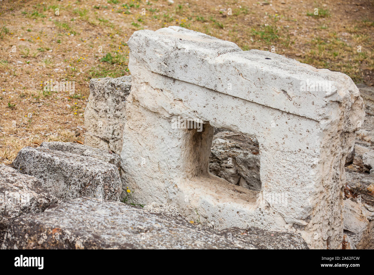 Ancient ruins on the south face of the Acropolis Hill in Athens city ...