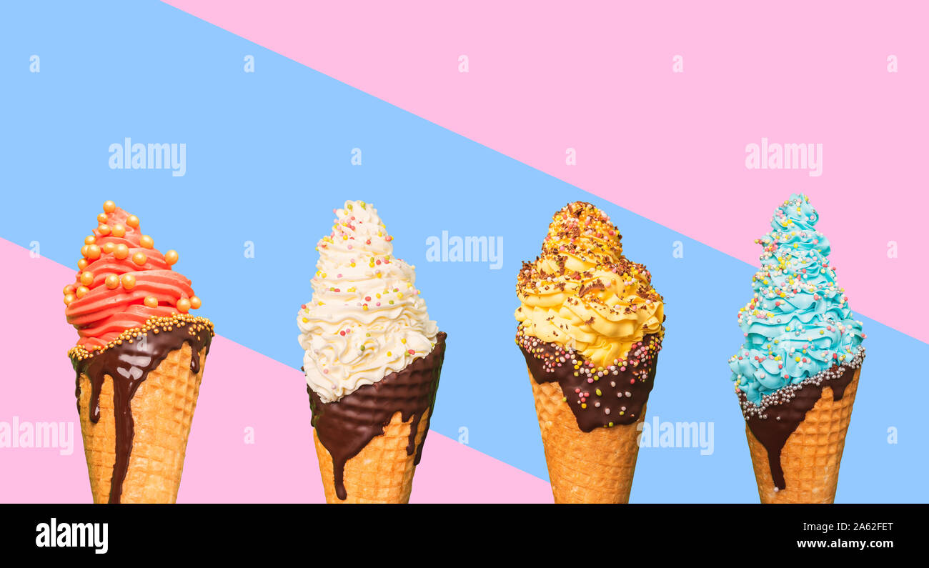 Colorful and curly ice cream arranged in a row on a background with ...