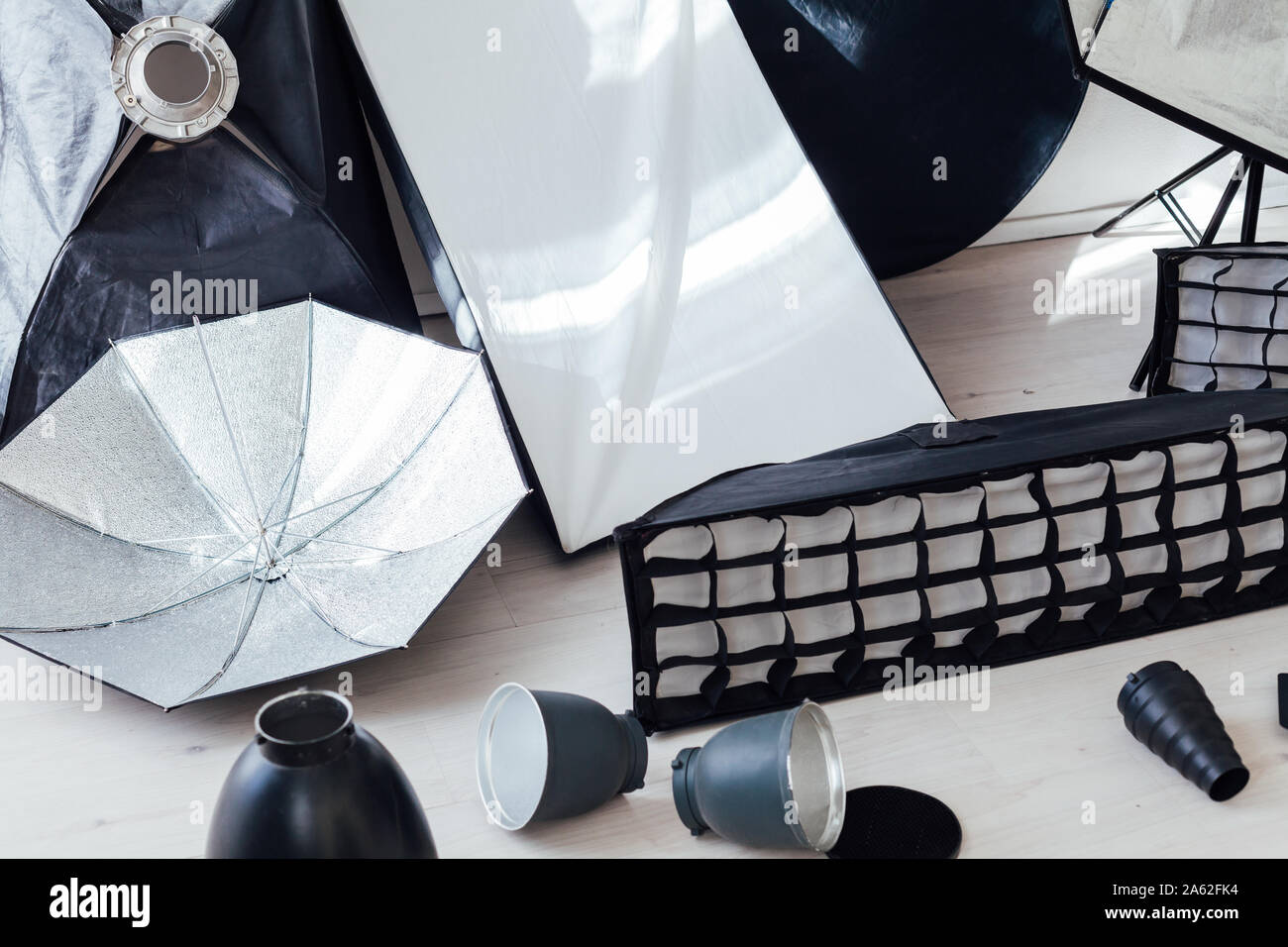 Equipment white photo studio flash accessories photographer Stock Photo ...