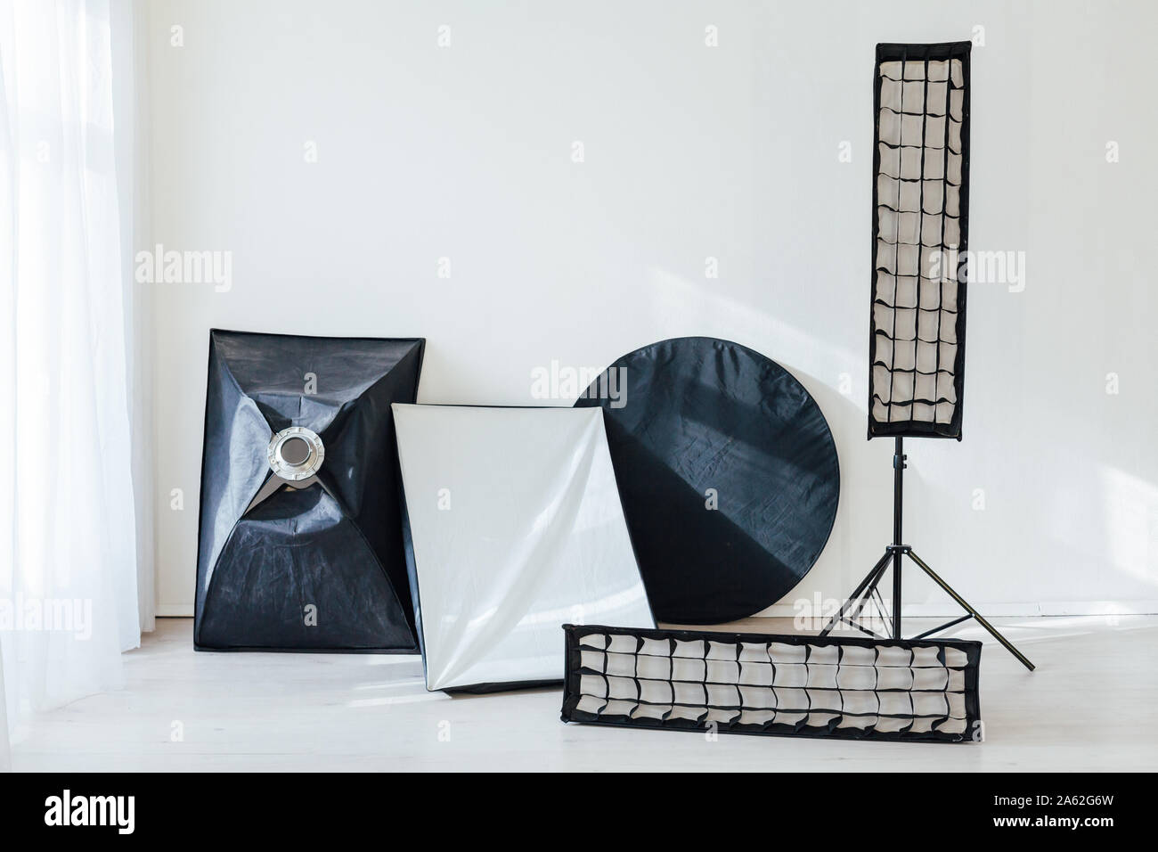 Equipment white photo studio flash accessories photographer Stock Photo ...