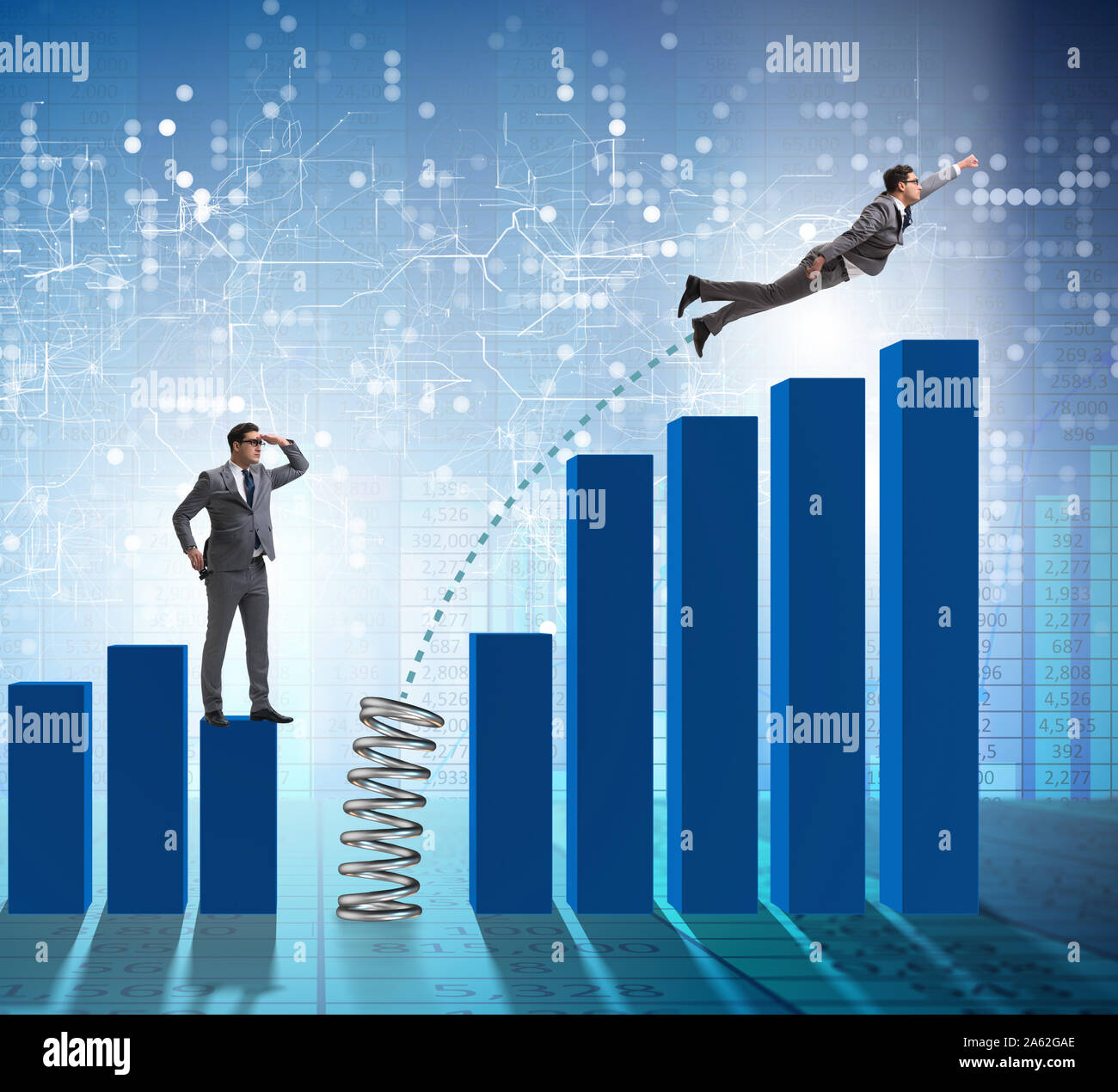 The business people jumping over bar charts Stock Photo - Alamy