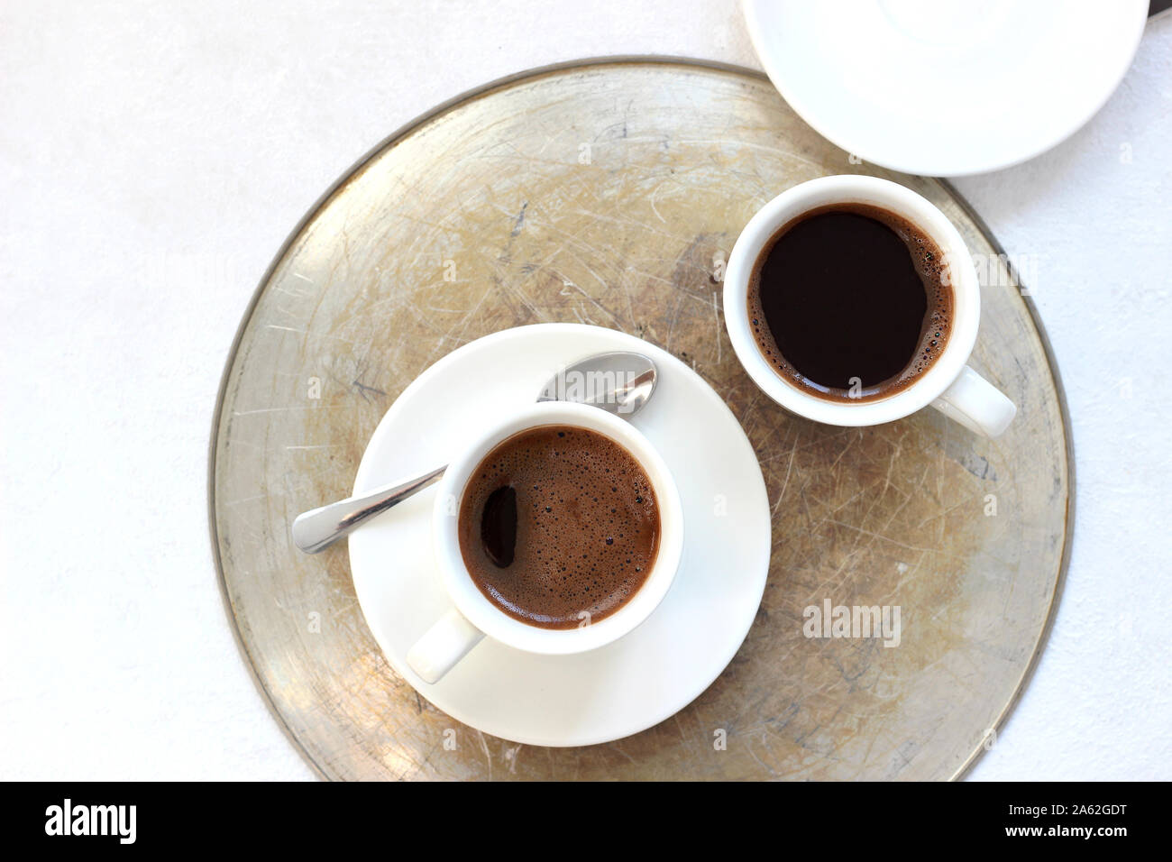 Cups of Espresso Served on a Serving Tray. Freshly made Coffee Top View ...