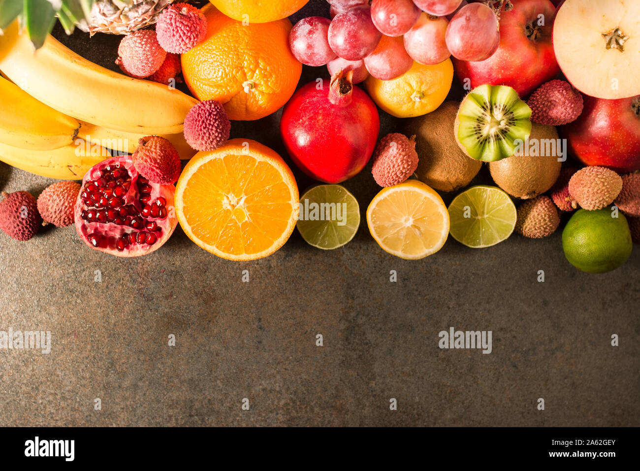 Fresh, colorful fruits seen from above. Copy, free space for text ...